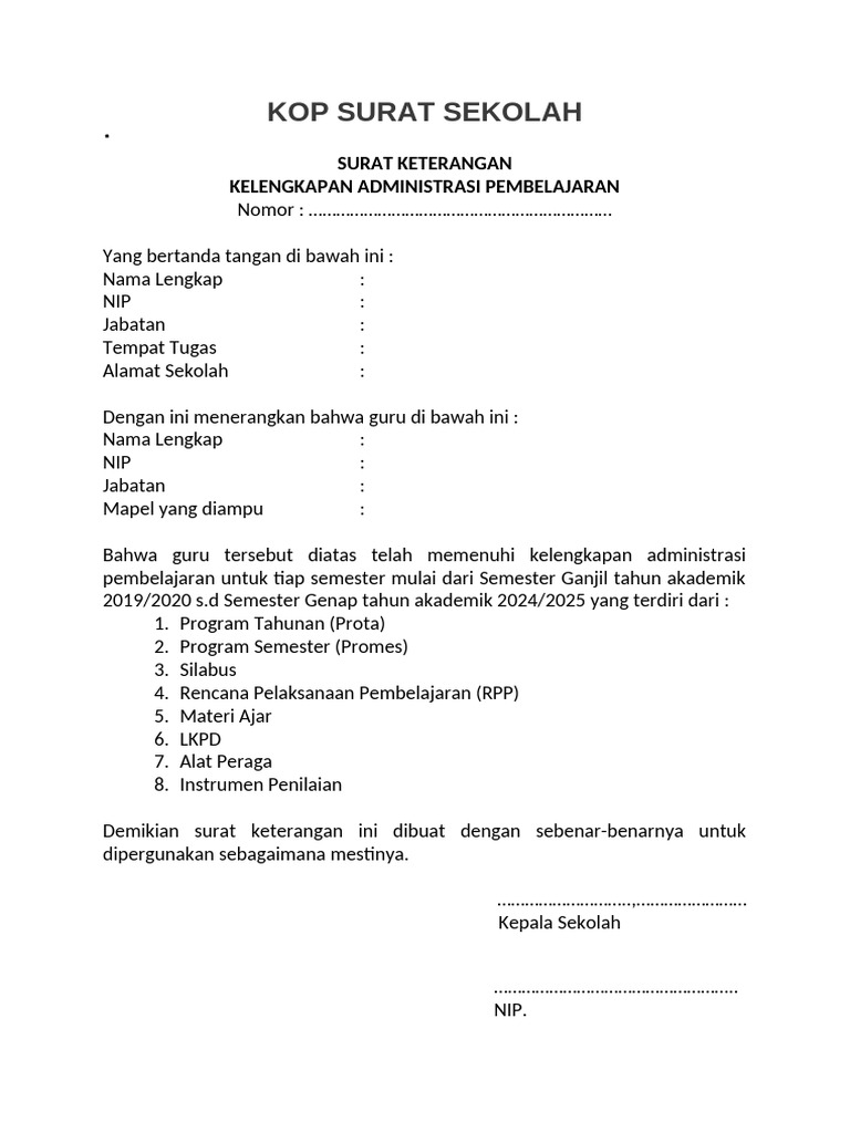 Contoh Template Surat Keterangan Pengelolaan Administrasi Pembelajaran ...