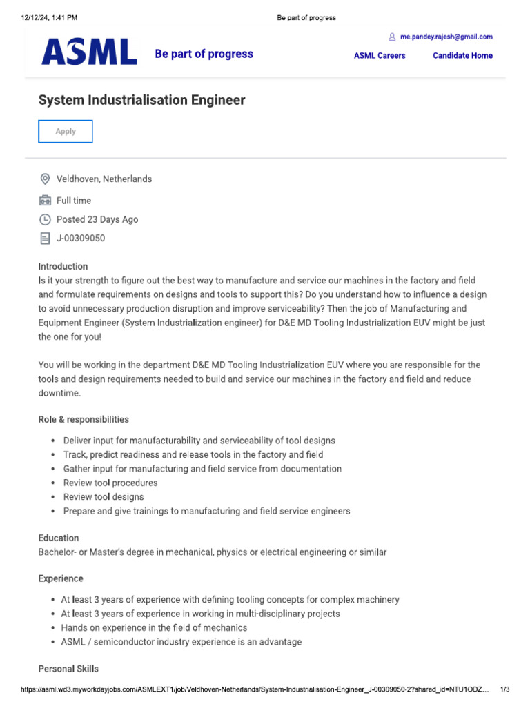 System Industrialisation Engineer Asml | PDF