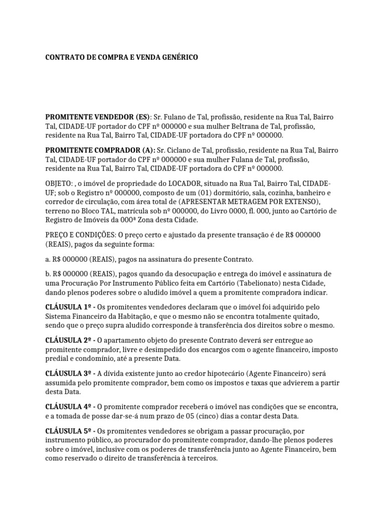 Modelo de Contrato de Compra e Venda Generico | PDF