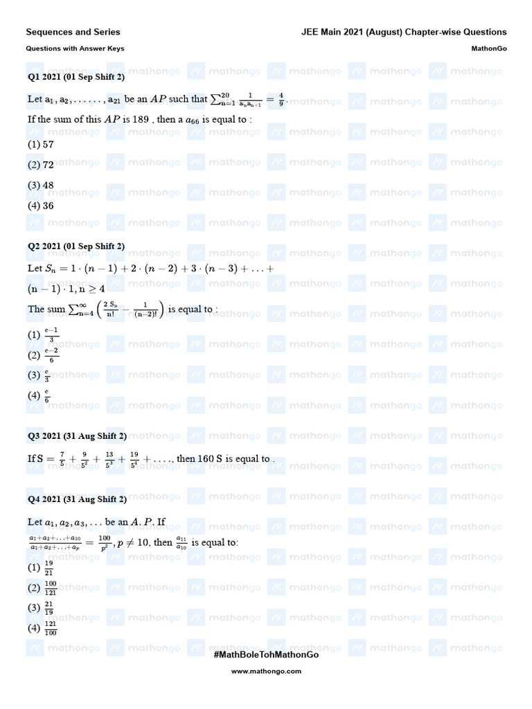 Sequences and Series - JEE Main 2021 August Chapter-Wise - MathonGo | PDF | Mathematics ...