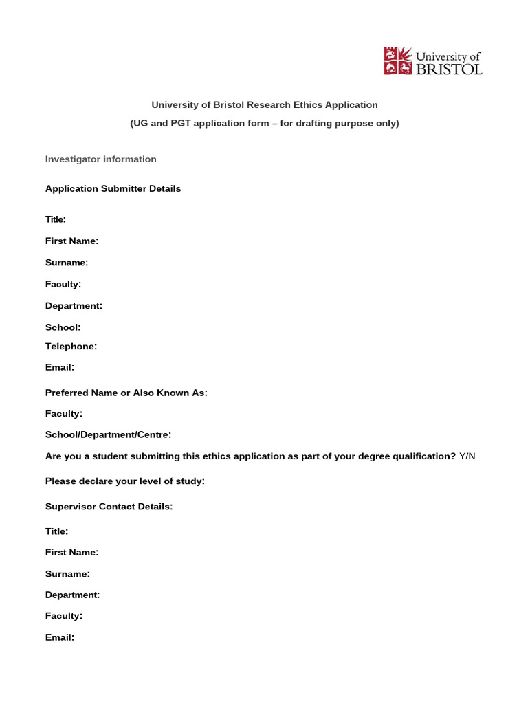 Ethics Application Form Word Template For Draft 1 | PDF