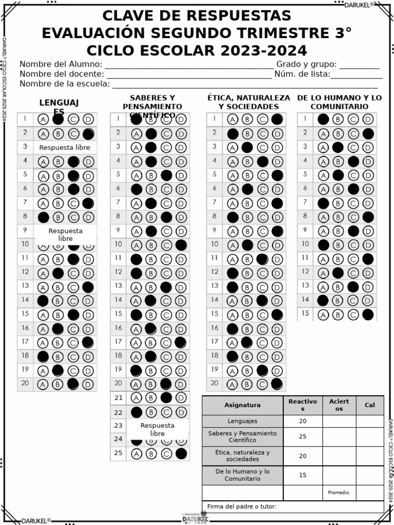 3° Trim2 Solucionario Hoja de Respuestas Darukel 2023-2024 | PDF