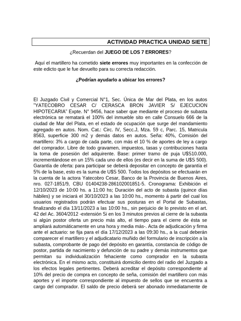 Errores en El Edicto - Subasta Electronica 2 | PDF | Subasta | Mercados ...
