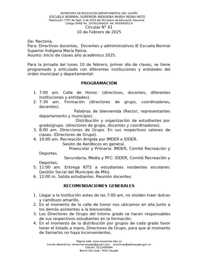 Circular N° 01 BIENVENIDA | PDF