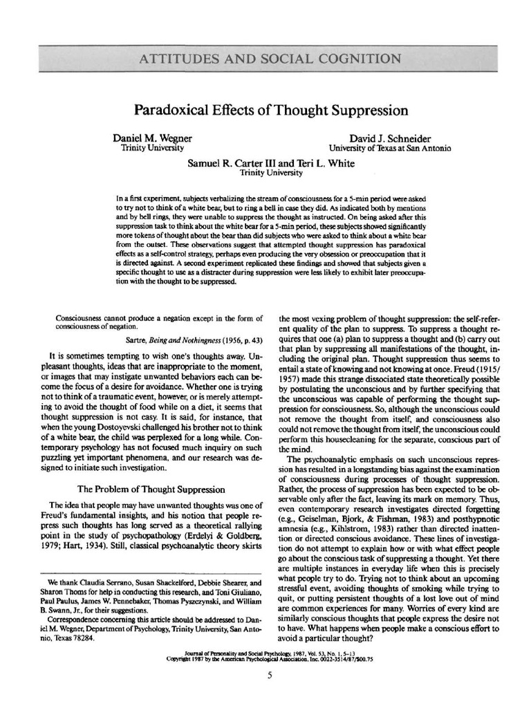 Paradoxical Effects of Thought Suppression | PDF | Unconscious Mind ...