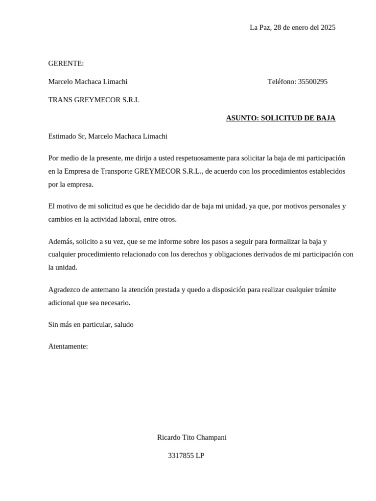Carta de Solicitud de Baja Greymecor | PDF
