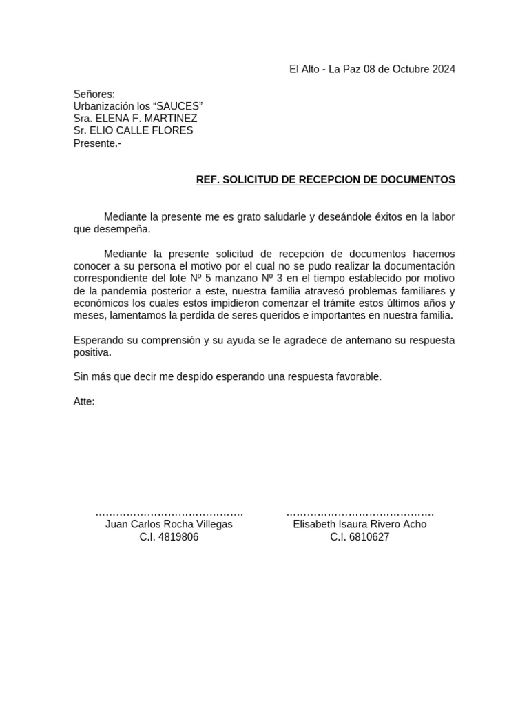 Carta Solicitud de Recepcion de Documentos | PDF