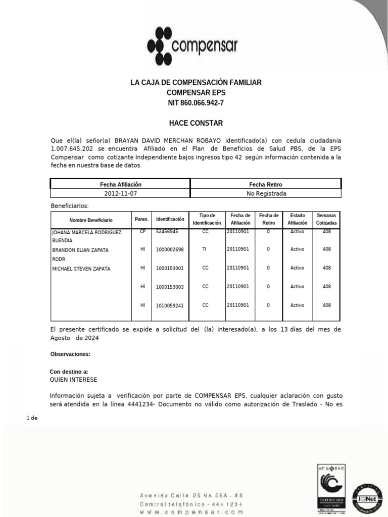 Certificado de Afiliación Compensar | PDF