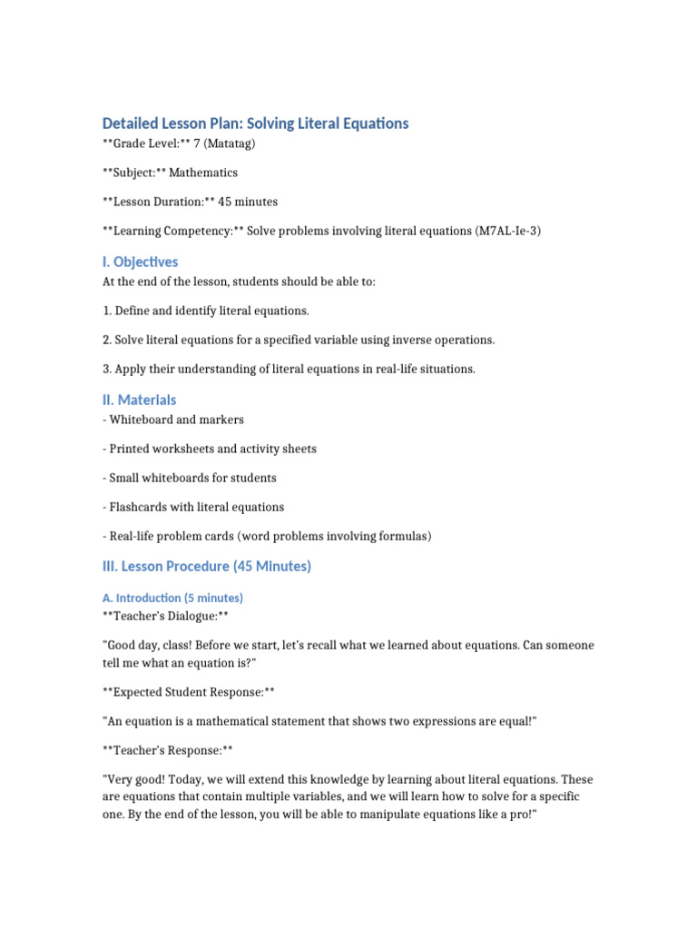 Detailed Lesson Plan Solving Literal Equations | PDF | Equations ...