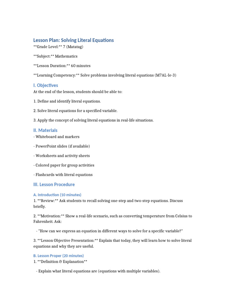 Lesson Plan Solving Literal Equations | PDF