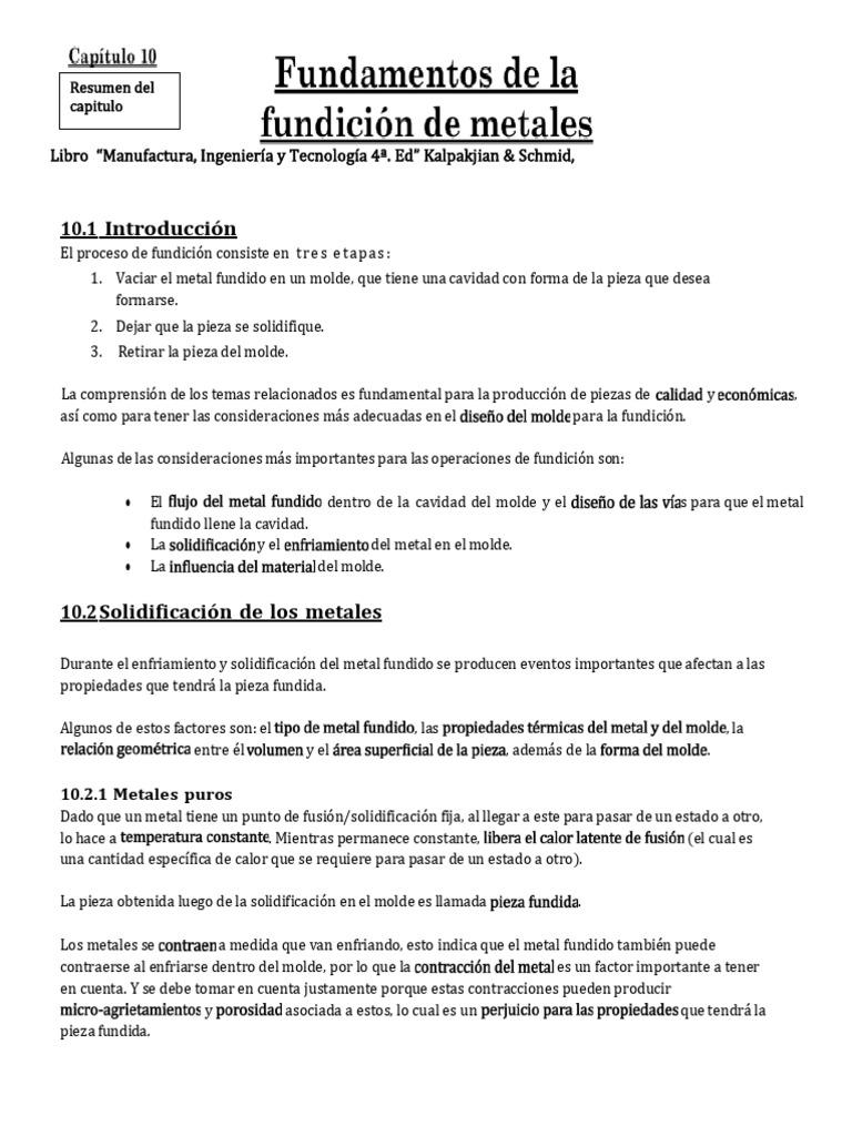 Capitulo 10 Fundamentos de La Fundicion de Metales Resumen | PDF | Líquidos | Aleación