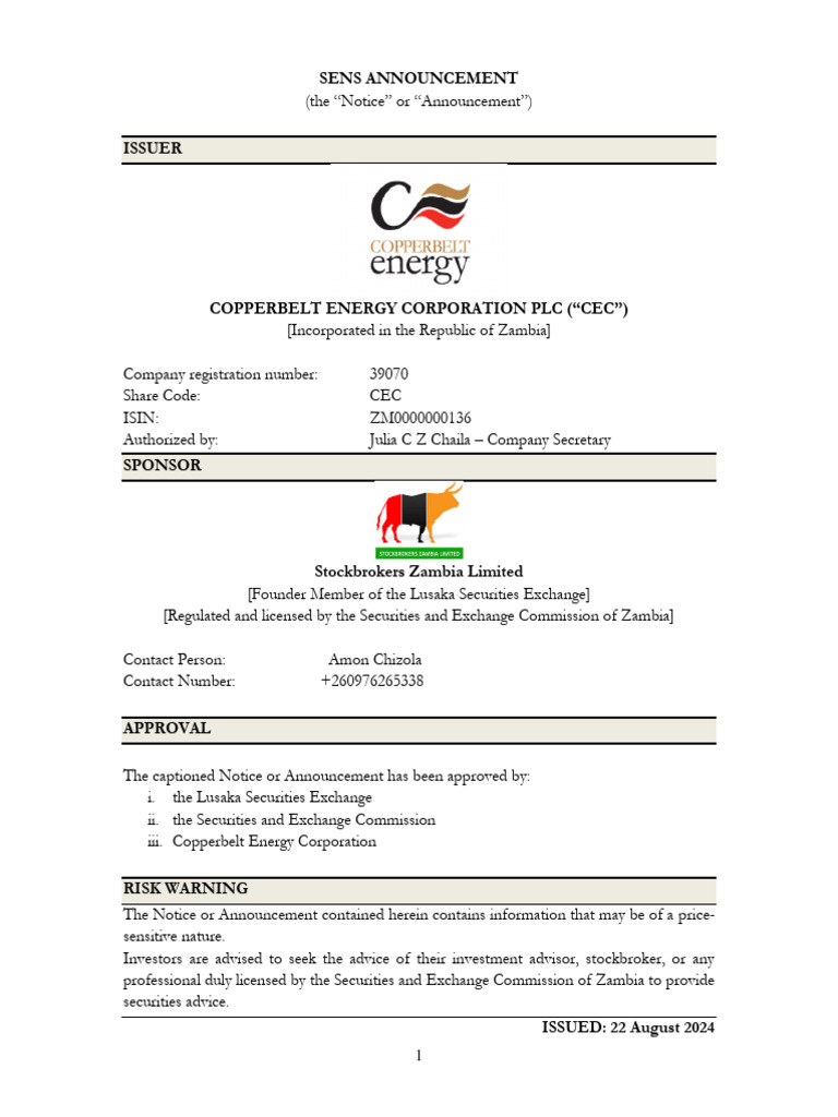 CEC Interim Dividend Announcement 2024 | PDF | Securities (Finance ...