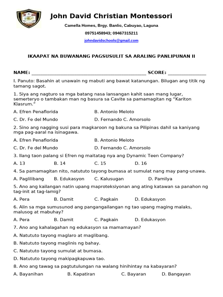 Ikaapat Na Buwanang Pagsusulit Sa Araling Panlipunan Ii | PDF