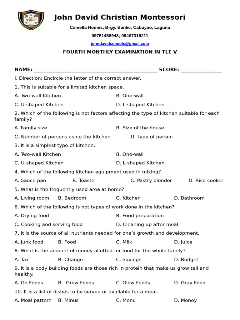 Monthly TLE Exam for Montessori Students | PDF | Foods | Meal