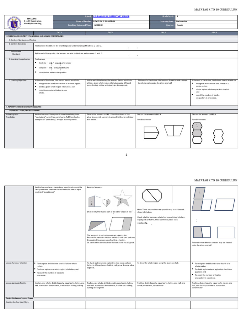 DLL Matatag Mathematics 1 q4 w1 | PDF | Learning