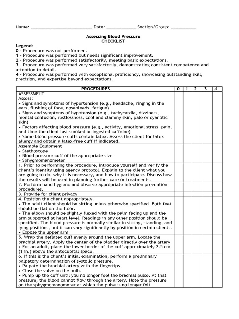 Blood Pressure Assessment Checklist | PDF | Cardiovascular System ...