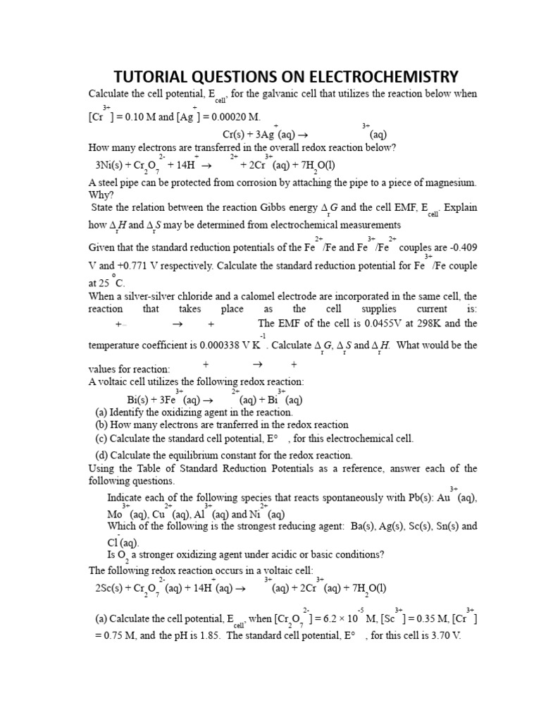 CH 240 - Tutorial Questions On Electrochemistry | PDF | Redox ...