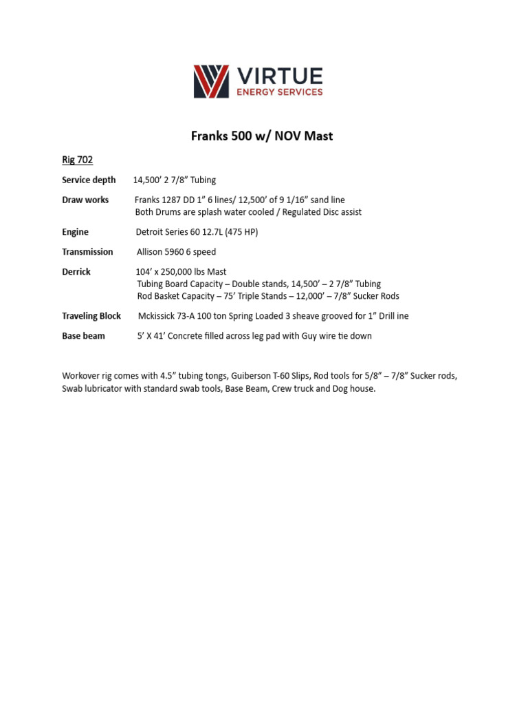 Franks 500 Workover Rig Specifications | PDF