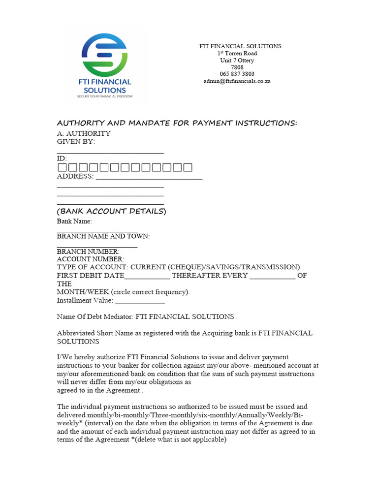 FTI Payment Authority Mandate Form | PDF | Payments | Banks