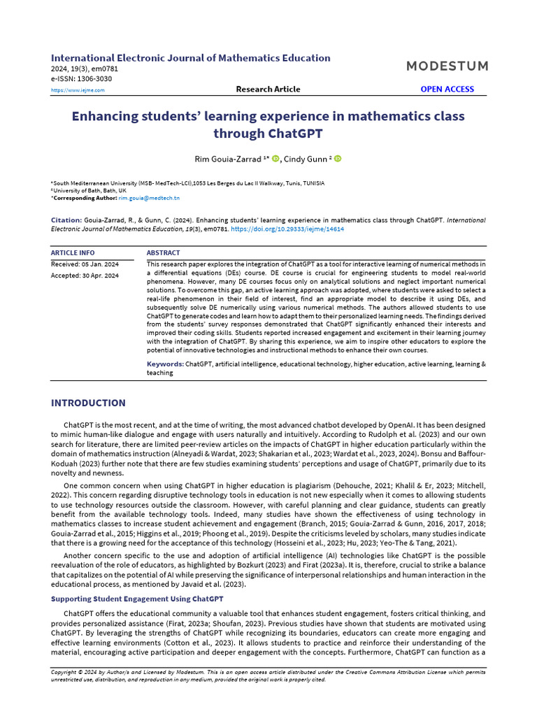 Enhancing Students Learning Experience in Mathematics Class Through Chatgpt 14614 | PDF ...