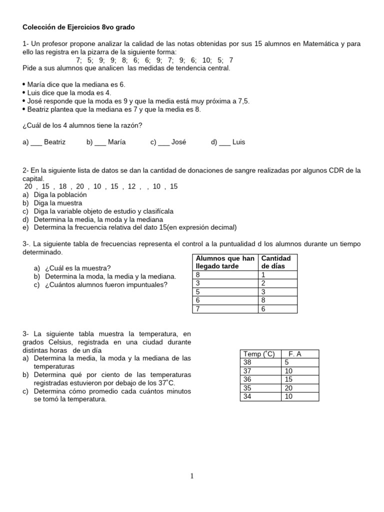 Ejercicios de Matemáticas para 8vo Grado | PDF | Entero | Mediana
