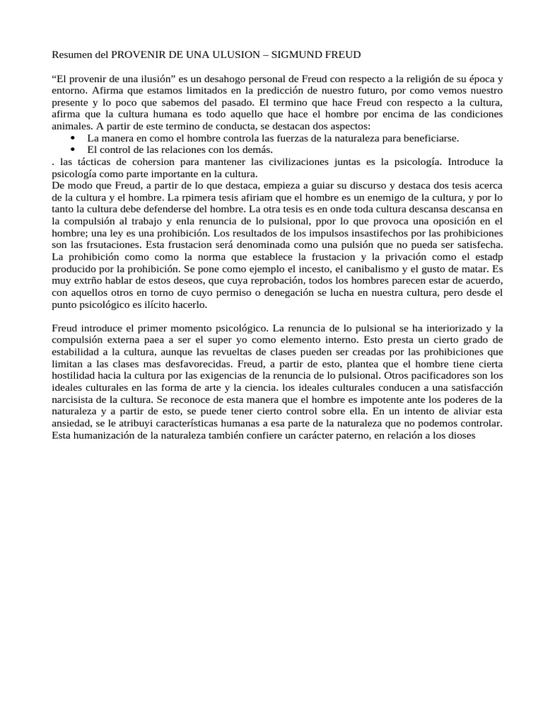 Resumen del PROVENIR DE UNA ULUSION | PDF | Sigmund Freud | Conceptos ...
