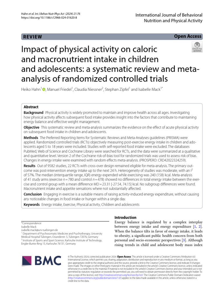 Impact of physical activity on caloric and macronutrient intake in children and adolescents a ...