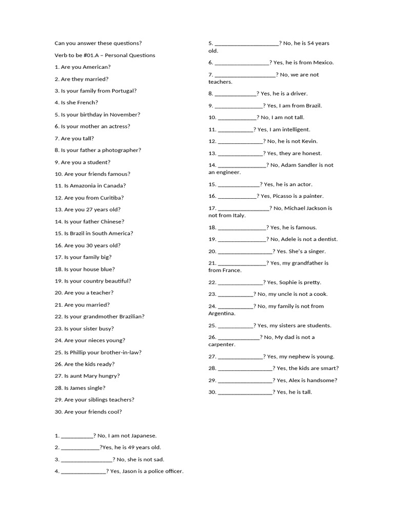 Personal Questions Using Verb "To Be" | PDF