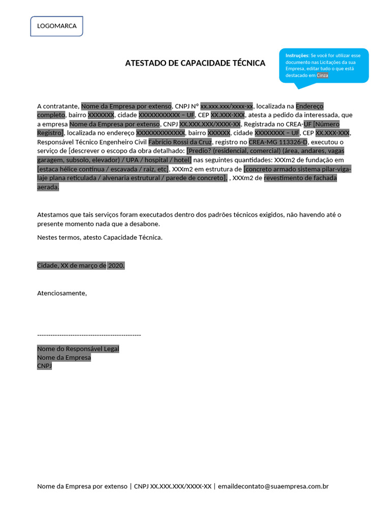 Atestado De Capacidade Técnica Para Obras Pdf