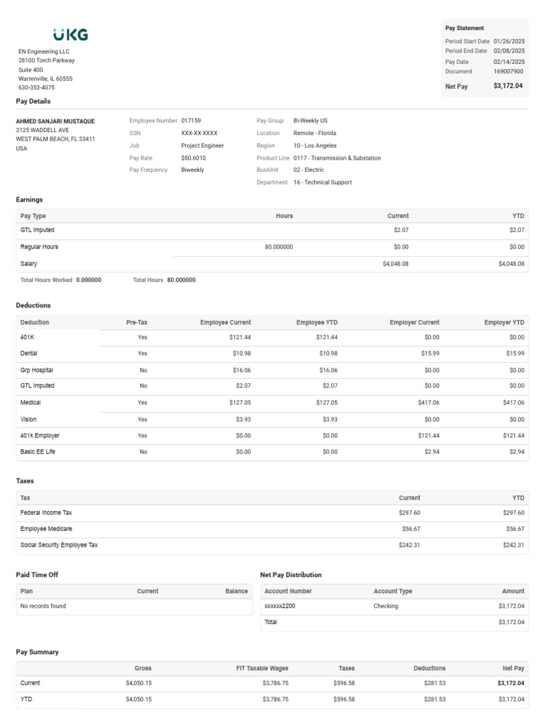 Pay Statement for Ahmed Sanjari Mustaque | PDF | 401(K) | Payroll Tax