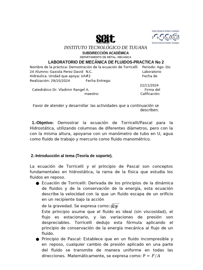 ESTEBAN LOPEZ GONZALEZ - Formato PRACTICA No2 Fluidos | PDF | Presión | Física
