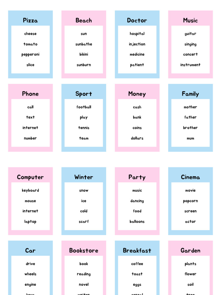 Pink and Blue Simple English Taboo Game Flashcards | PDF