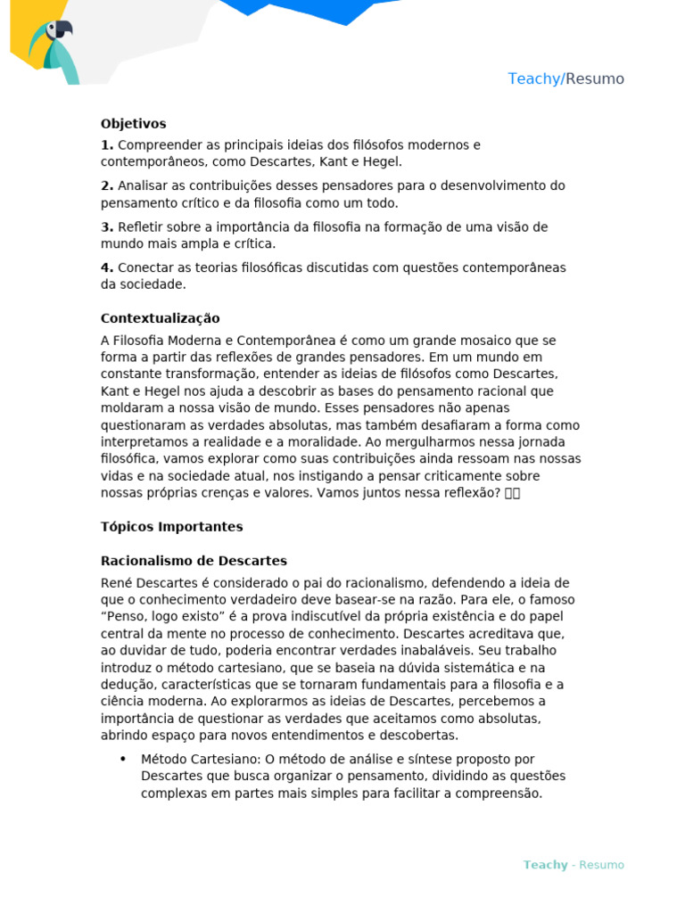 Resumo Dos Principais Filosofos Modernos | PDF | Immanuel Kant | Dialética