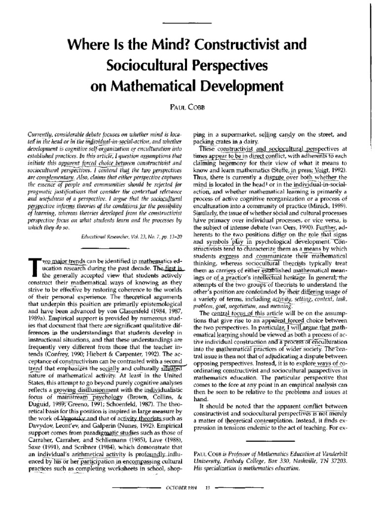 Cobb 1994 Where Is The Mind Constructivist and Sociocultural Perspectives On Mathematical ...