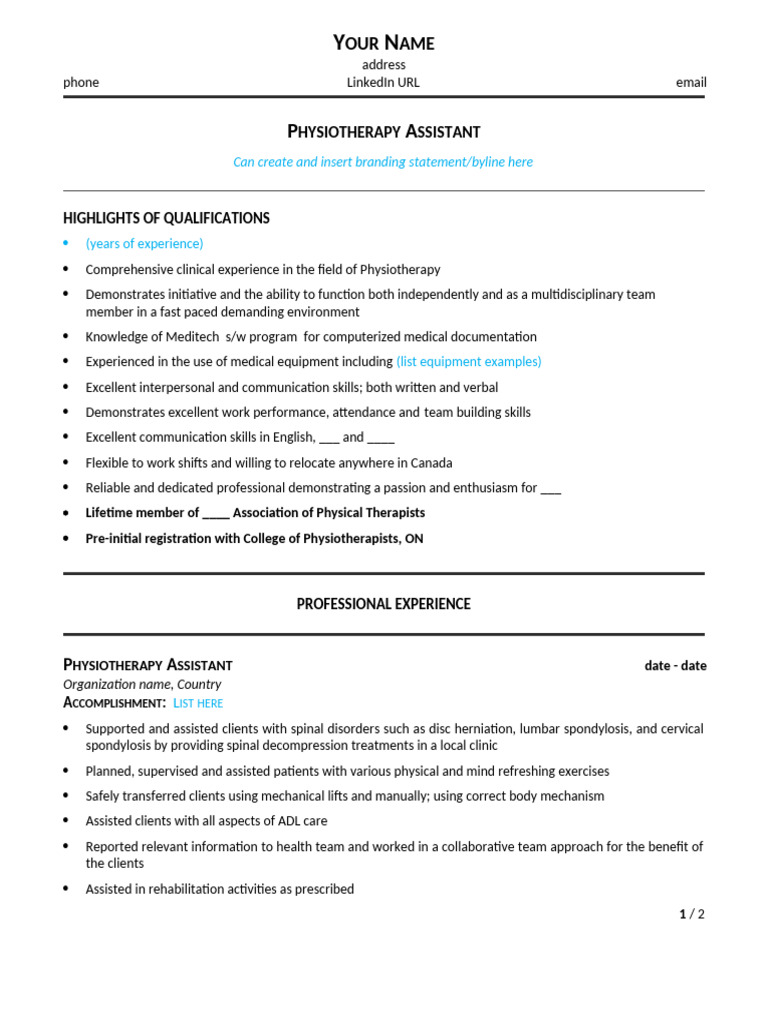 Physiotherapy Assistant Resume Example | PDF | Physical Therapy | Neurology