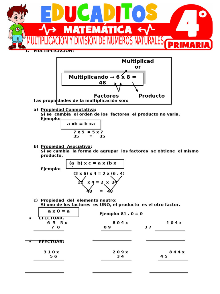 Multiplicacion y Division de Numeros Naturales para Cuarto Grado de ...