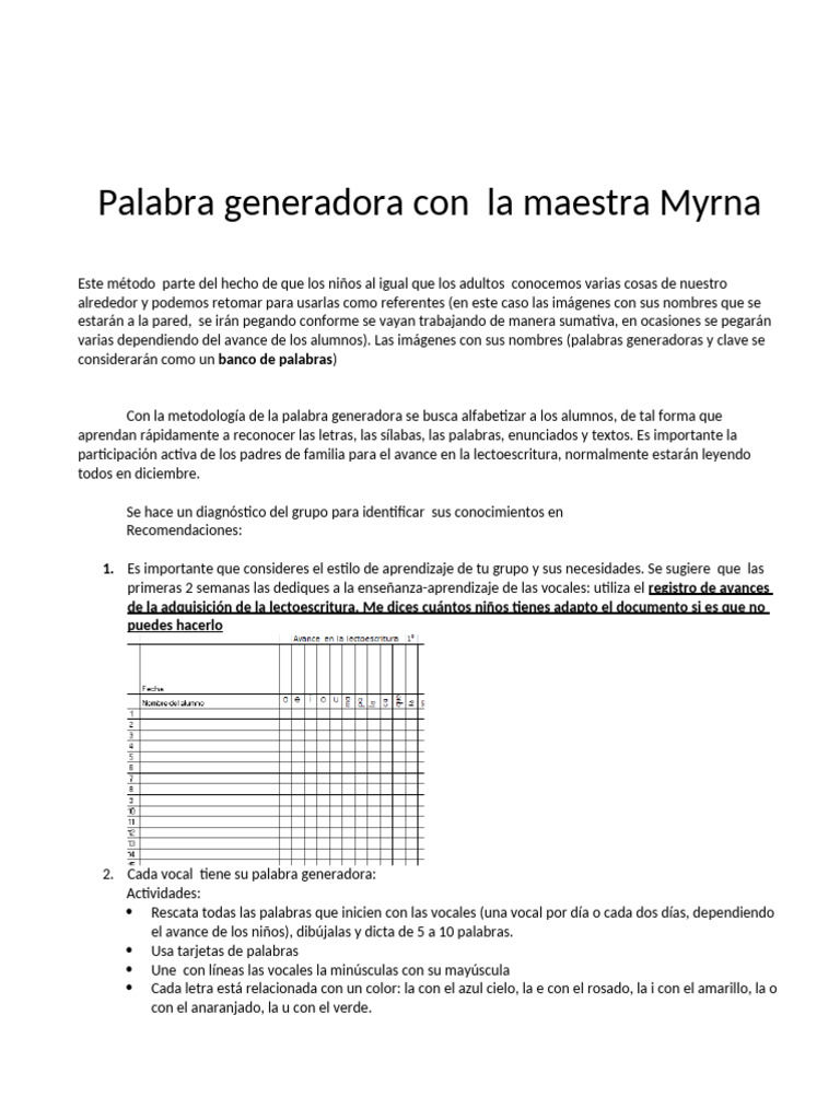 Explicación Palabra Generadora Con La Maestra Myrna | PDF