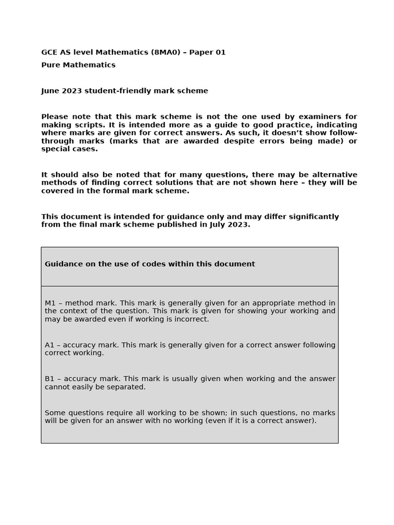 2023 AS Level Maths Paper 1 Mark Scheme | PDF | Quadratic Equation ...