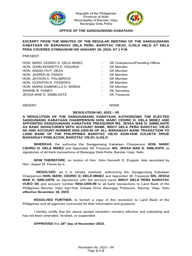 Resolution No. 2023 - 05. Change Signatories | PDF | Youth ...