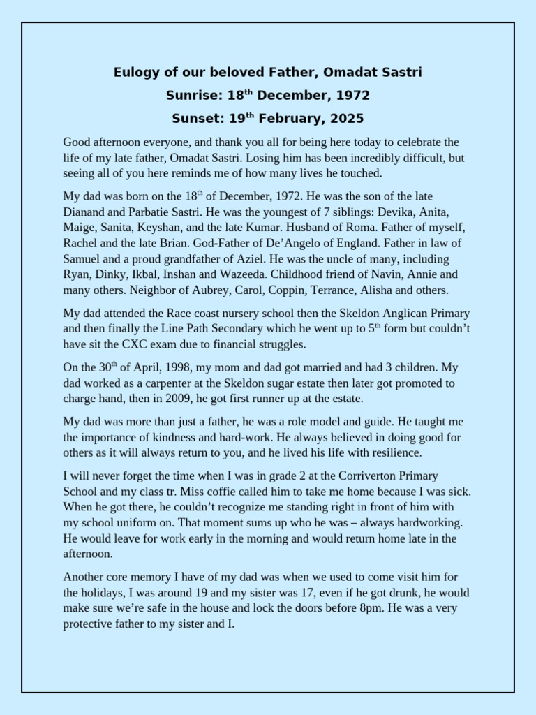 Eulogy of Our Beloved Father | PDF