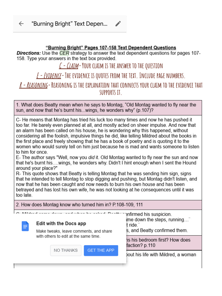 "Burning Bright" Text Dependent Questions | PDF