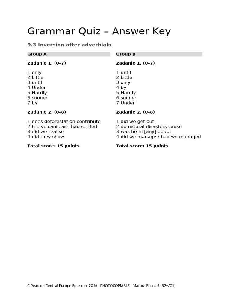 Grammar Quiz Unit 9 (9-3) Answer Key Groups A I B | PDF