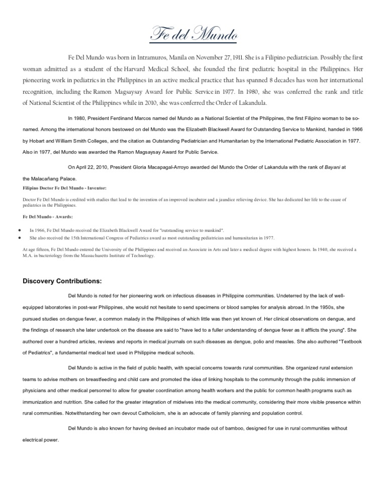 Fe Del Mundo | PDF | Clinical Medicine | Medical Specialties