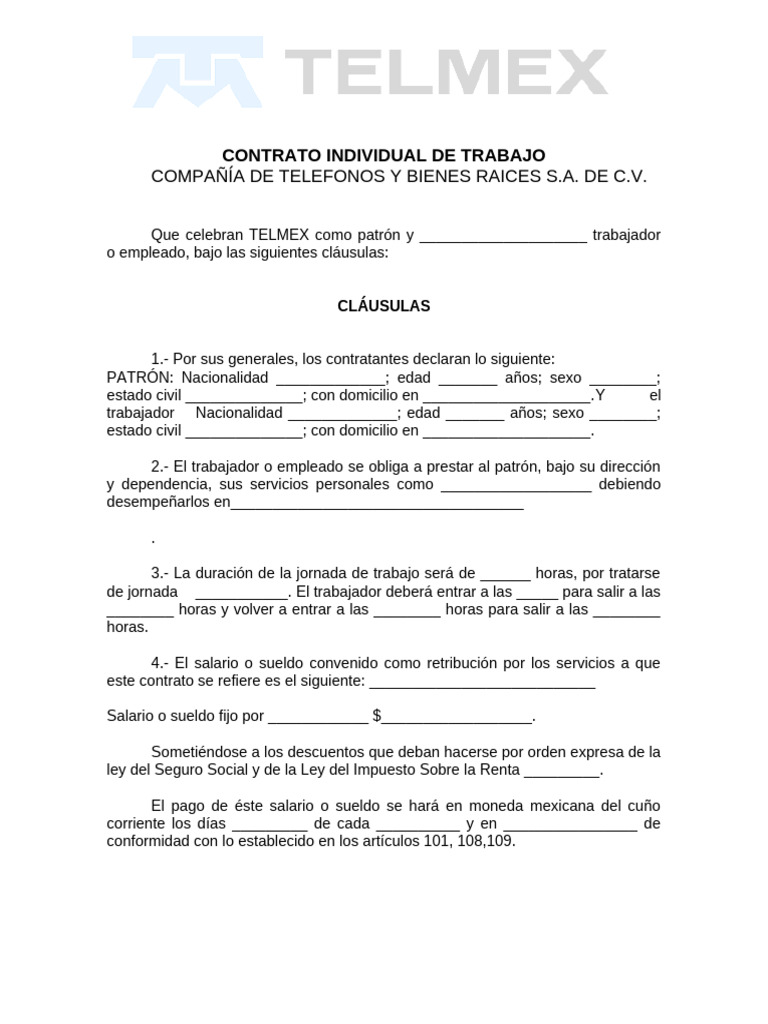 Contrato Laboral TELMEX | PDF | Salario