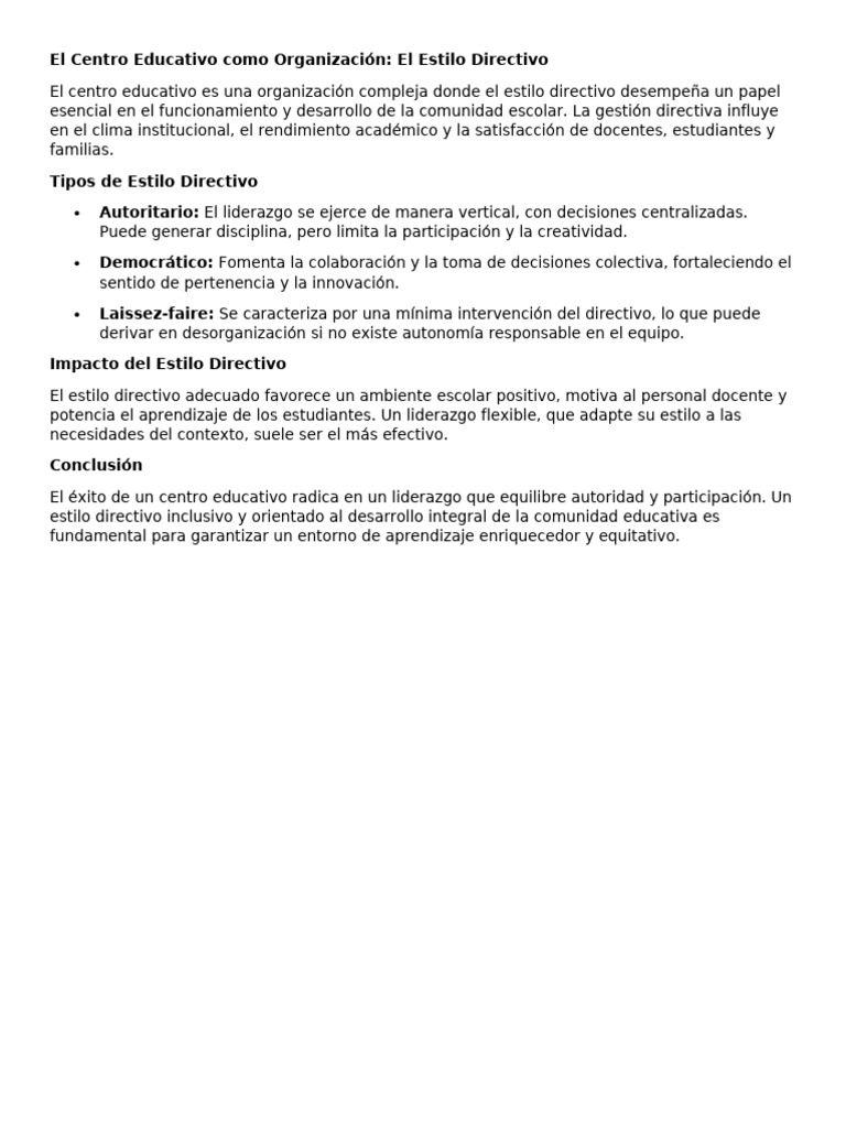Estilos Directivos en Centros Educativos | PDF