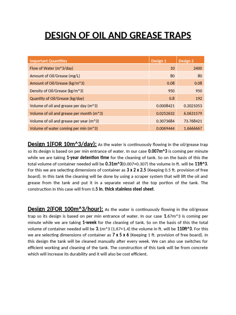 Design of Oil and Grease Traps Calculations | PDF