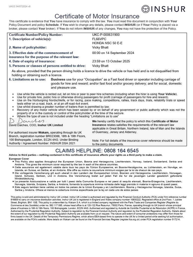UK Motor Insurance Certificate 2024 | PDF | Insurance | Service Industries