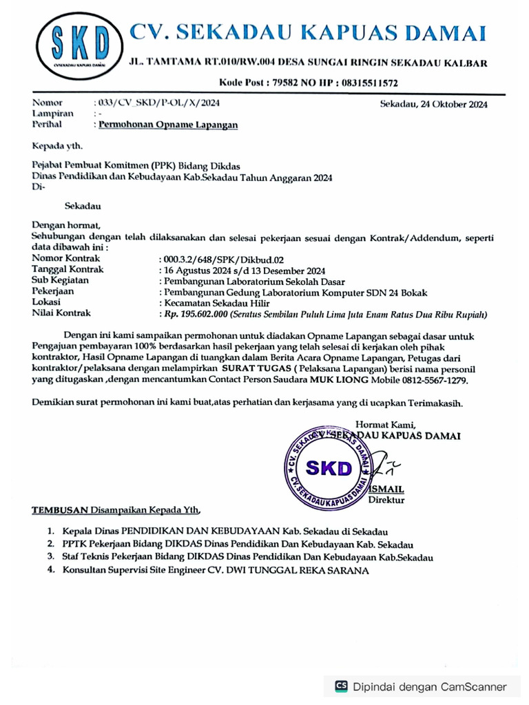 Permohonan Opname Lapangan Pembangunan Lab SDN 24 Bokak | PDF