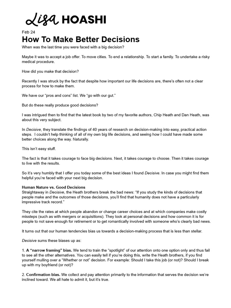 Blog by Lisa Hoashi - How To Make Better Decisions | PDF | Bias ...