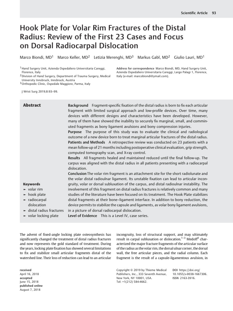 Hook Plate for Volar Rim Fractures of the Distal | PDF | Joints | Limbs ...
